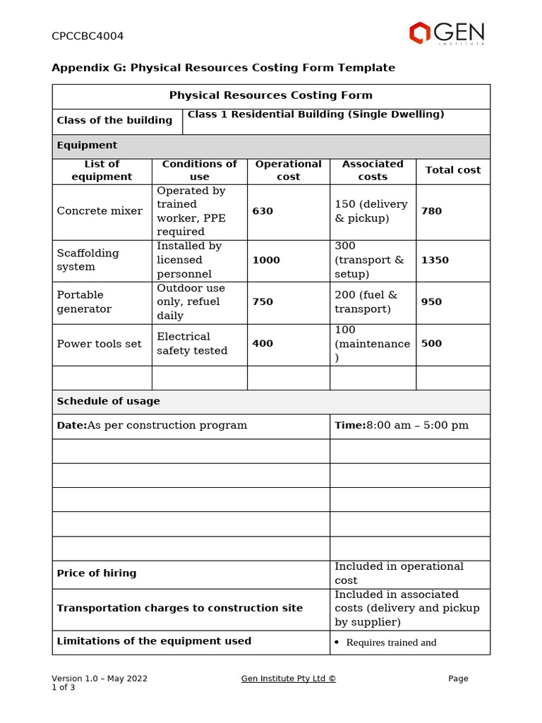 Physical Resources Costing Template | PDF | Transport