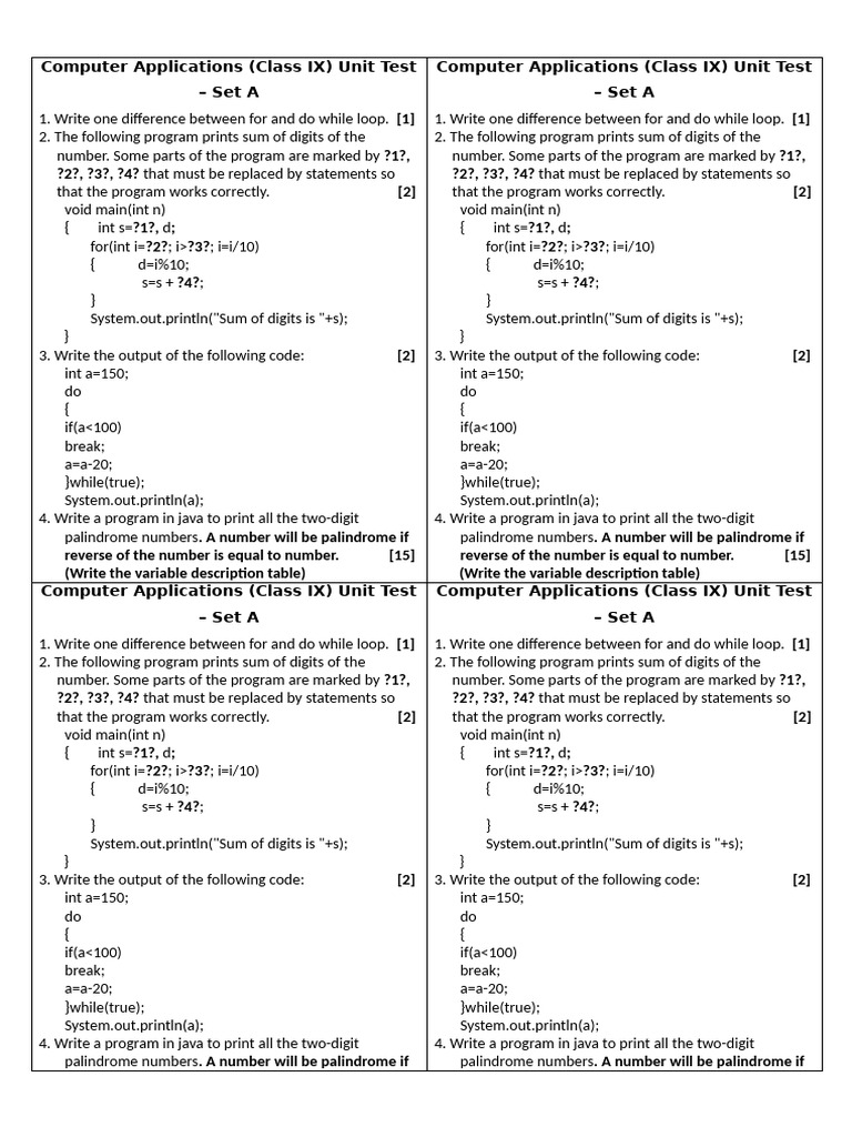 Class IX Test Set A | PDF | Software Development | Computer Engineering