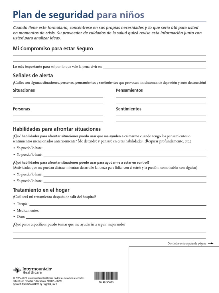 Suicide Prevention Pediatric Safety Plan Spanish | PDF | Ciencias del ...