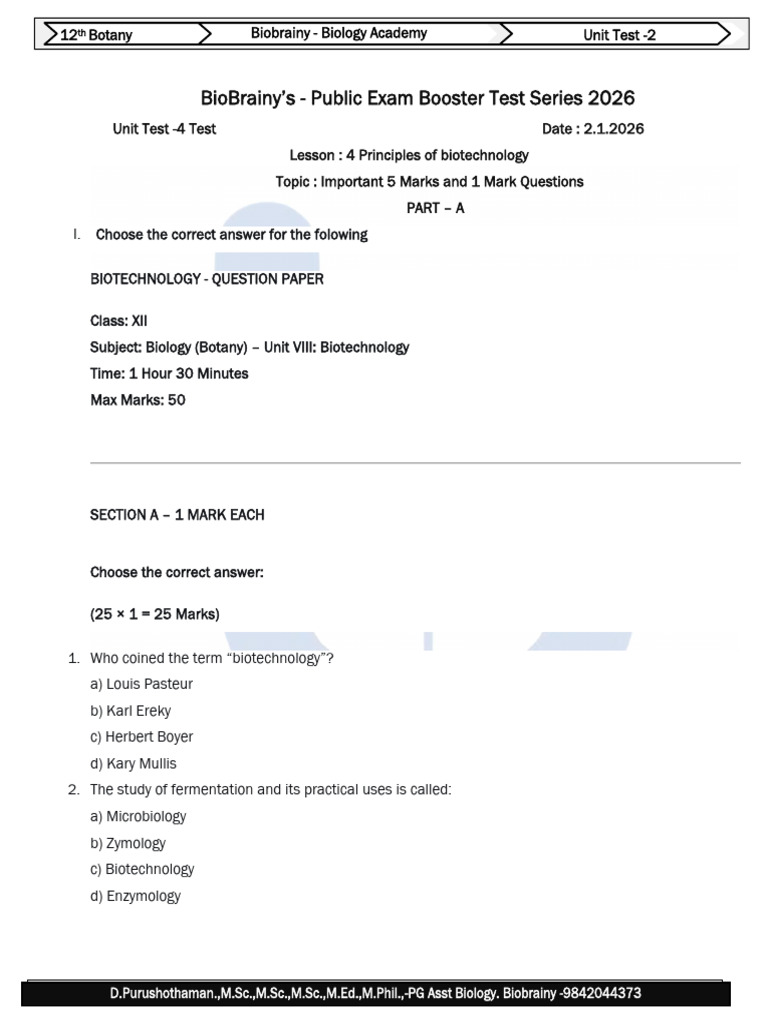 12th Botany Unit Test: Biotechnology Quiz | PDF | Molecular Cloning | Dna