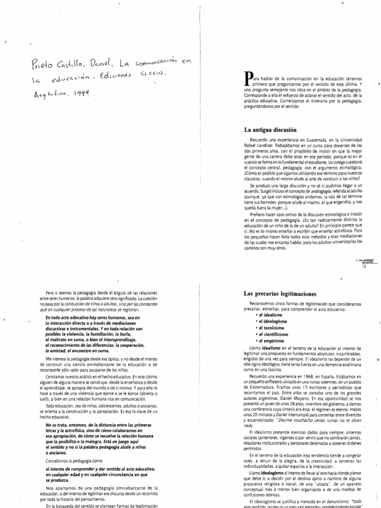 Prieto Castillo Daniel La Comunicacion en La Educacion | PDF