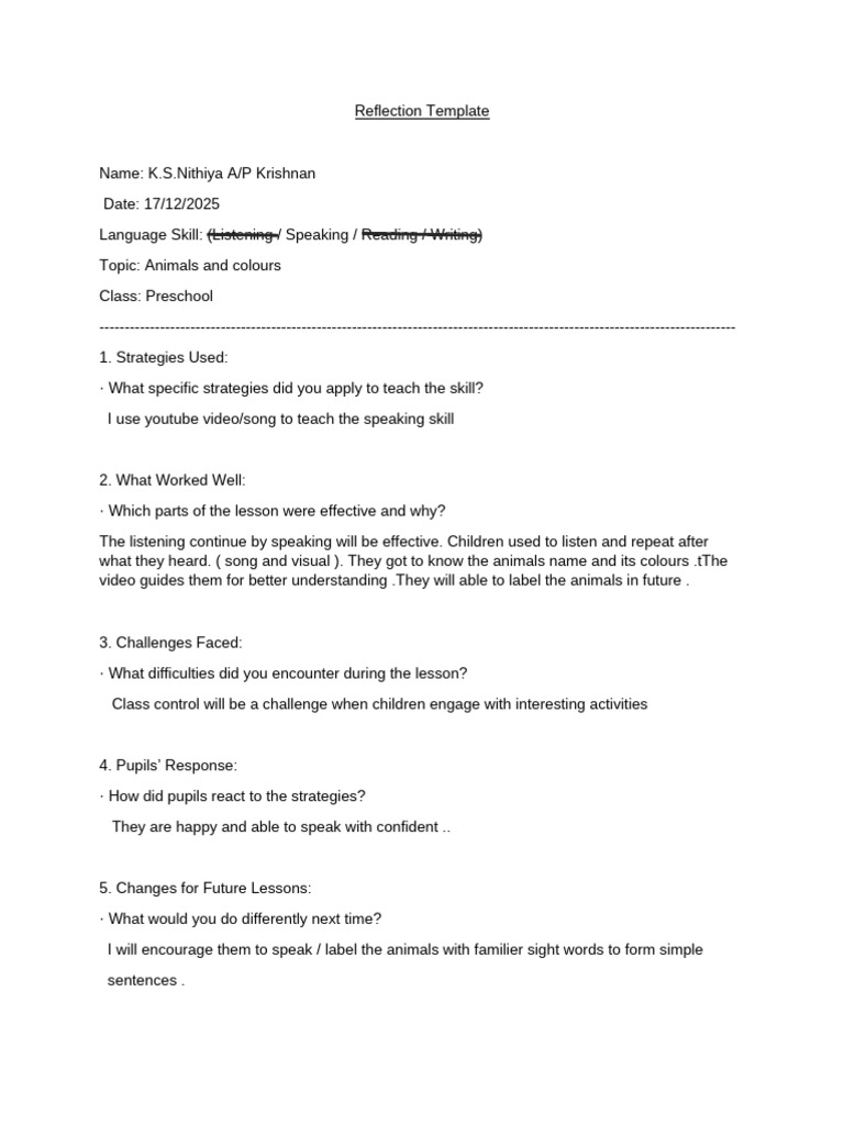 Preschool Reflection on Teaching Animals | PDF