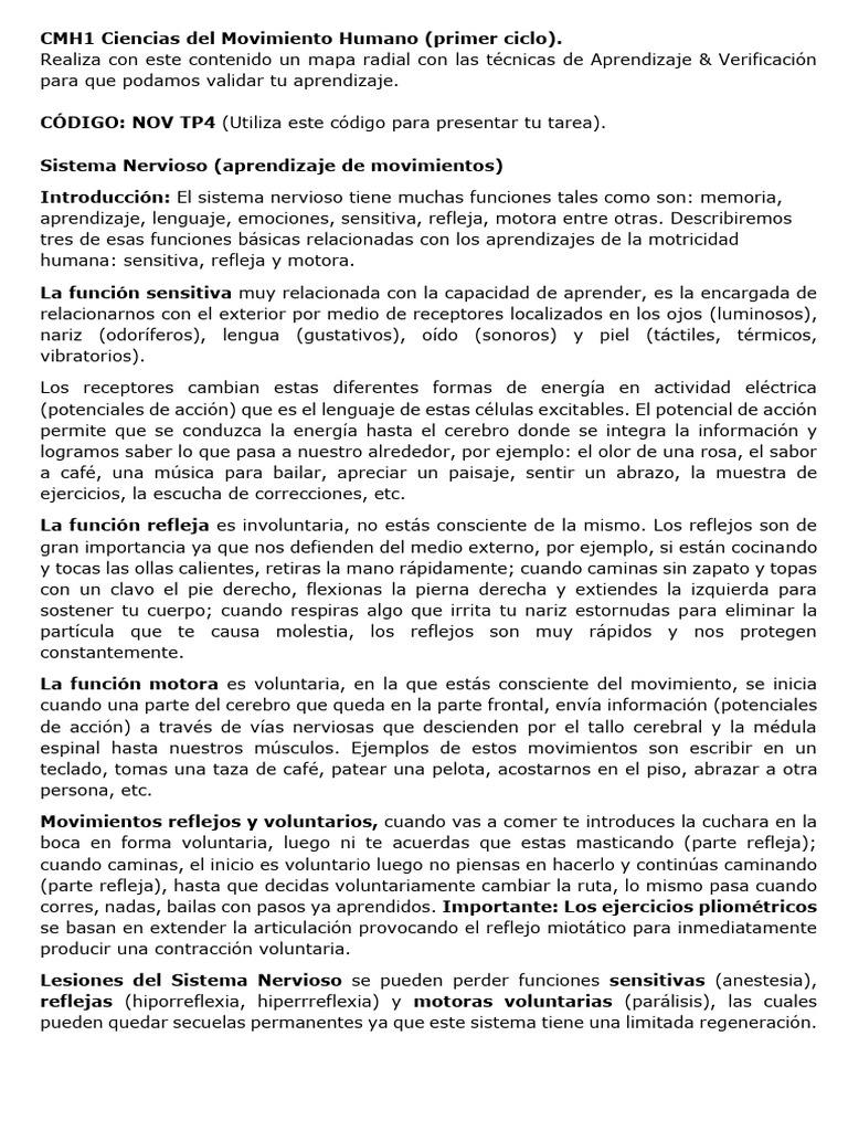 Ng1 Nov Tp4 Cmh1 Sistema Nervioso Aprendizaje | PDF | Cerebro | Aprendizaje