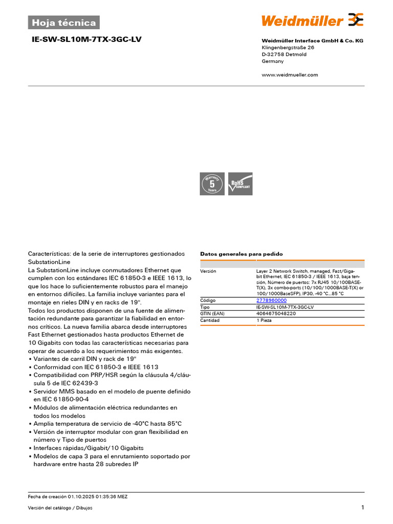 Hoja Técnica: IE-SW-SL10M-7TX-3GC-LV | PDF | Estándares de red ...