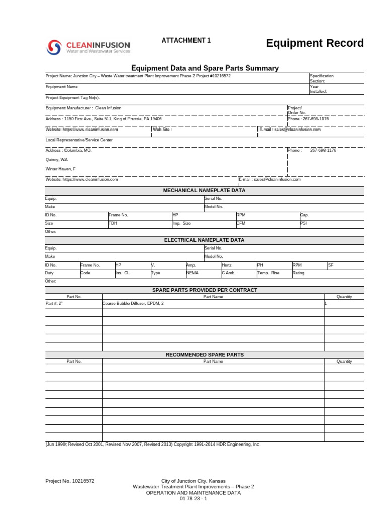 HDR Equipment Record Data sht and Spare parts | PDF