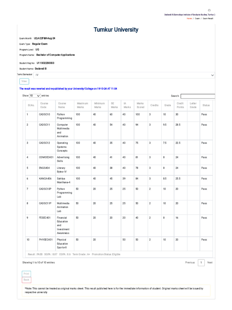 Tumkur University BCA Exam Results | PDF | Educational Stages
