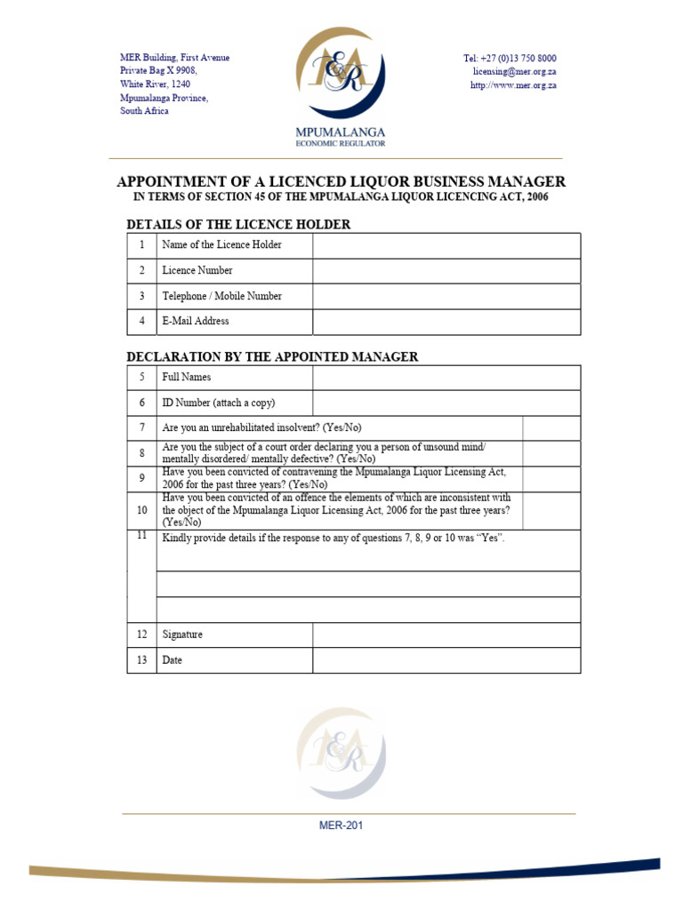 Liquor Business Manager Appointment Form | PDF