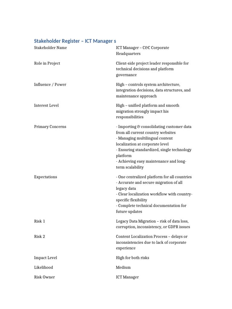 ICT Manager Stakeholder Register | PDF | Risk | Information Technology ...