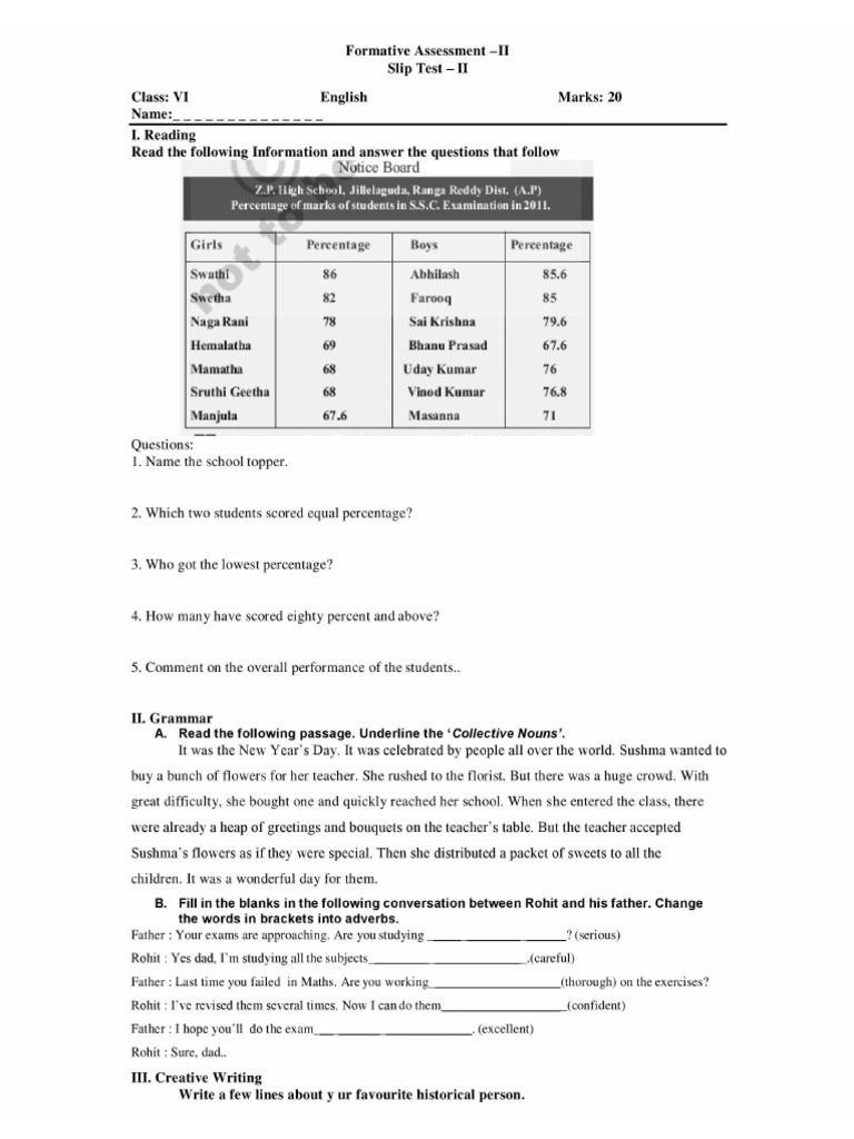 6th English Fa2 Paper | PDF