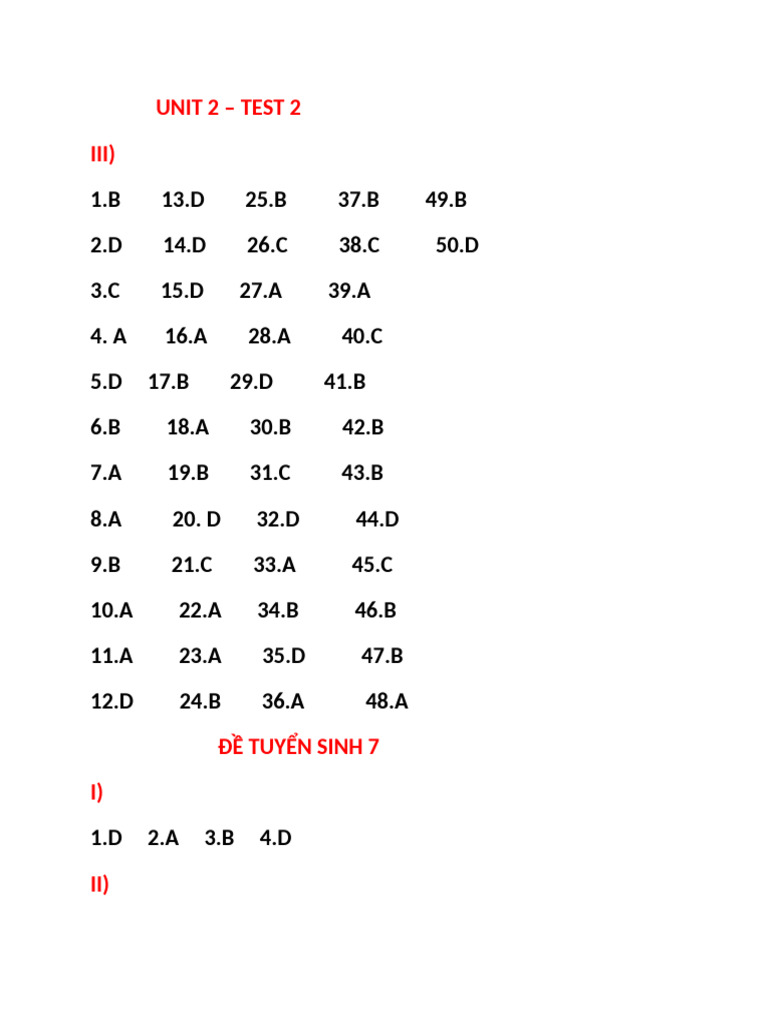 Unit 2 Test 2 Answer Key | PDF