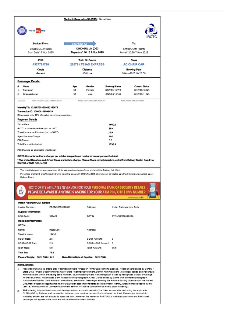 Dindigul to Tambaram Train Ticket Details | PDF | Identity Document ...