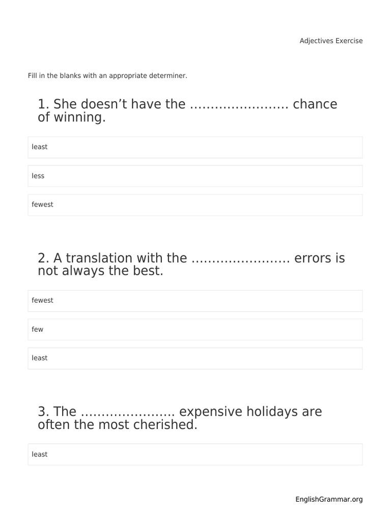 Adjectives Fill-in-the-Blank Exercise | PDF