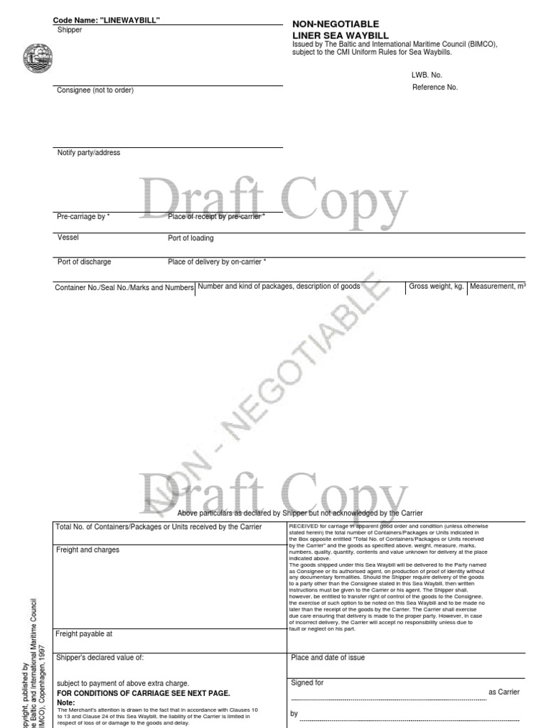Non-Negotiable Sea Waybill Overview | PDF | Common Carrier | Cargo