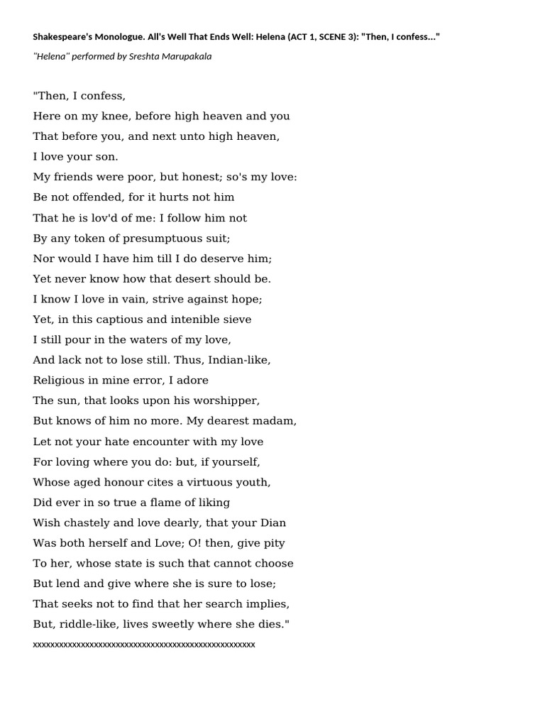 Helena's Monologue from All's Well That Ends Well | PDF