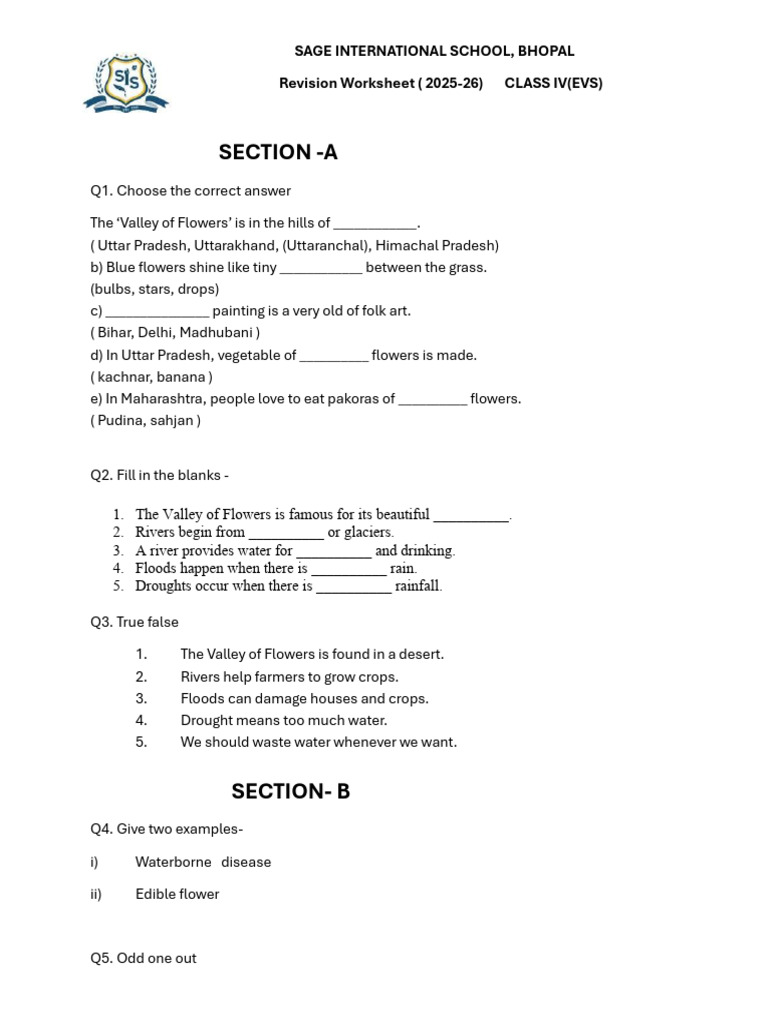 Class IV EVS Revision Worksheet 2025-26 | PDF