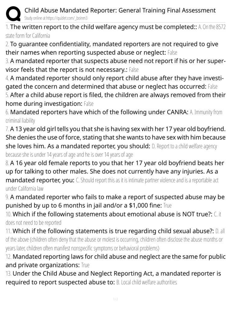 Child Abuse Reporting Training Assessment | PDF | Child Abuse | Sexual ...