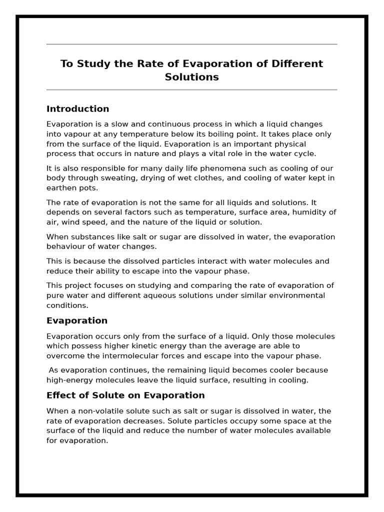To Study the Rate of Evaporation of Different Solutions | PDF ...