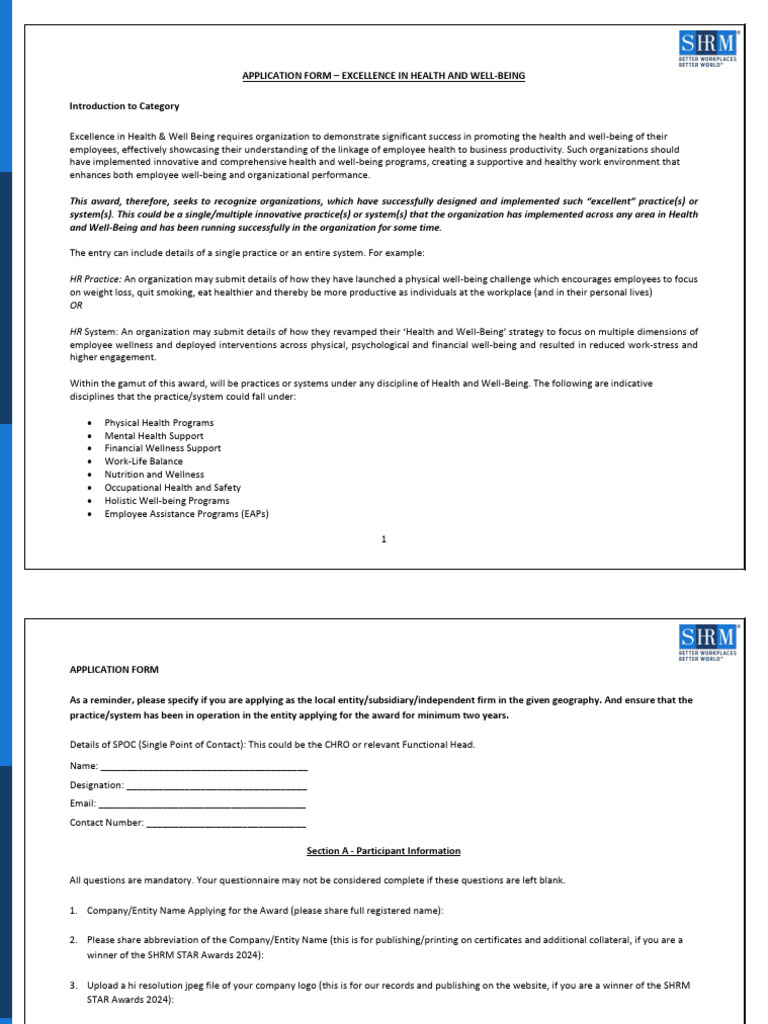 Health & Well-Being Award Application | PDF | Well Being | Employment