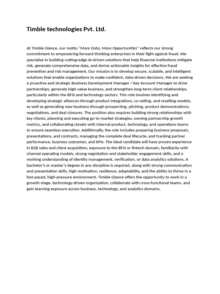 Timble Technologies PVT JD | PDF