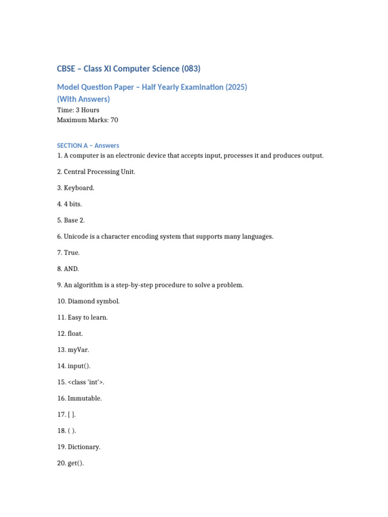 CBSE Class 11 CS Model Paper 2025 With Answers | PDF