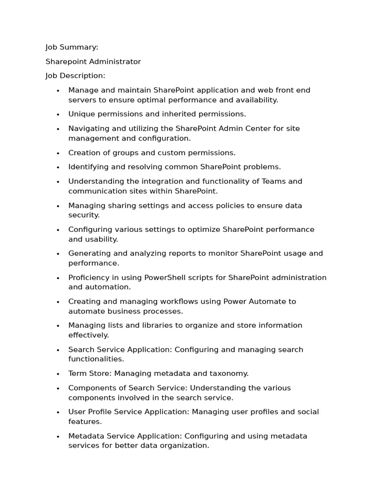 SharePoint Administrator Job Overview | PDF | Share Point | World Wide Web