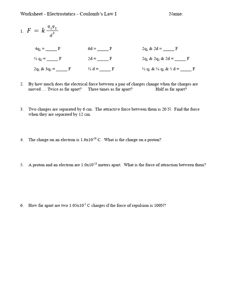 Worksheet - Electrostatics - Coulomb's Law I | PDF