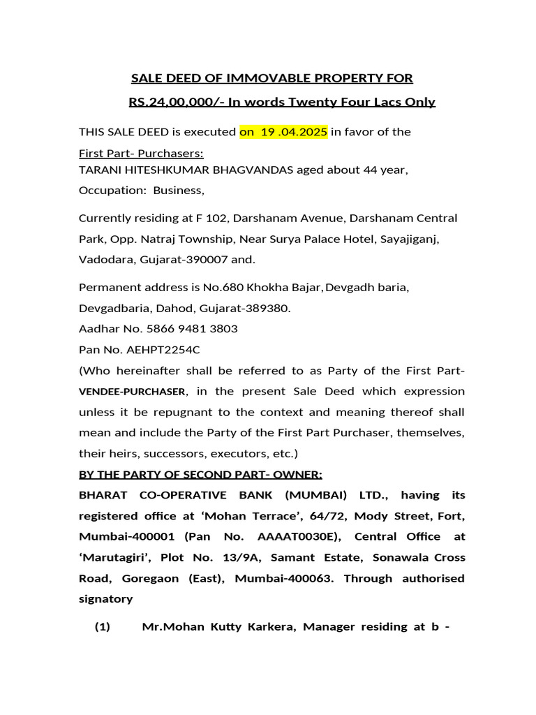 Sale Deed for Vadodara Property | PDF | Deed | Law And Economics