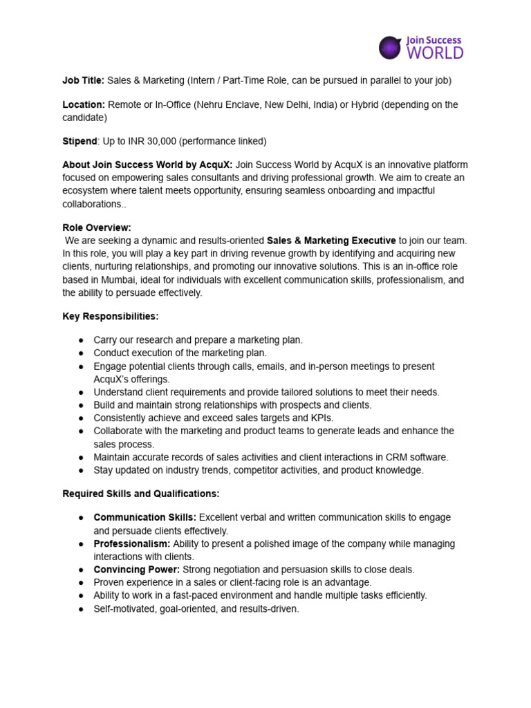 JD for Sales + Marketing | PDF | Sales | Marketing