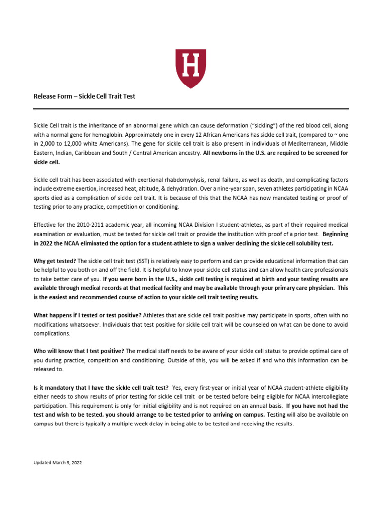 Sickle Cell Trait Test Release Form | PDF | Diseases And Disorders ...