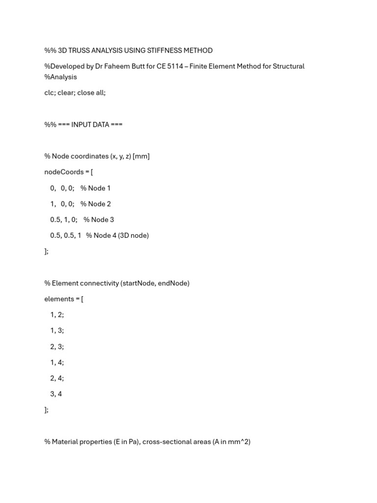 3D Truss Analysis with Stiffness Method | PDF | Mathematical Objects ...