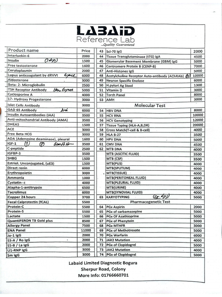 Labaid Investigation Price | PDF