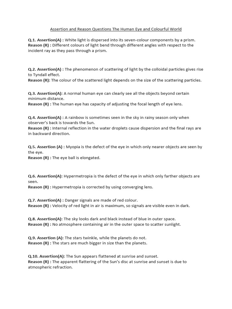 Assertion and Reason Questions the Human Eye and Colourful World | PDF