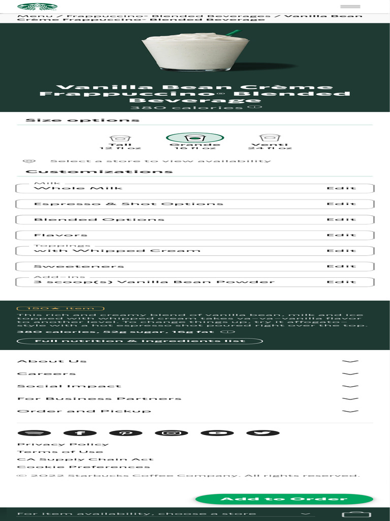 Vanilla Bean Crème Frappuccino® Blended Beverage Starbucks Coffee ...