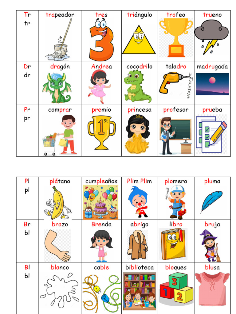 Palabras con sílabas "tr", "pr", "pl", "br", "bl", "gr", "gl", "cr ...