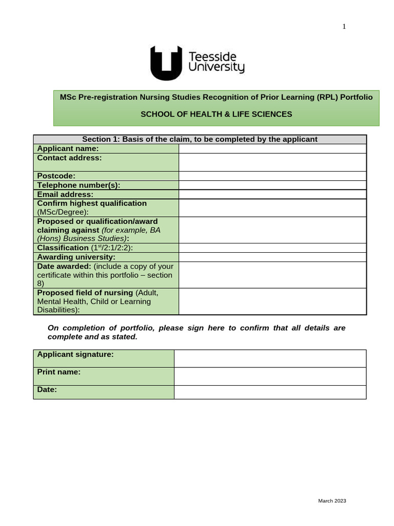 MSc Nursing RPL Portfolio Guidelines | PDF