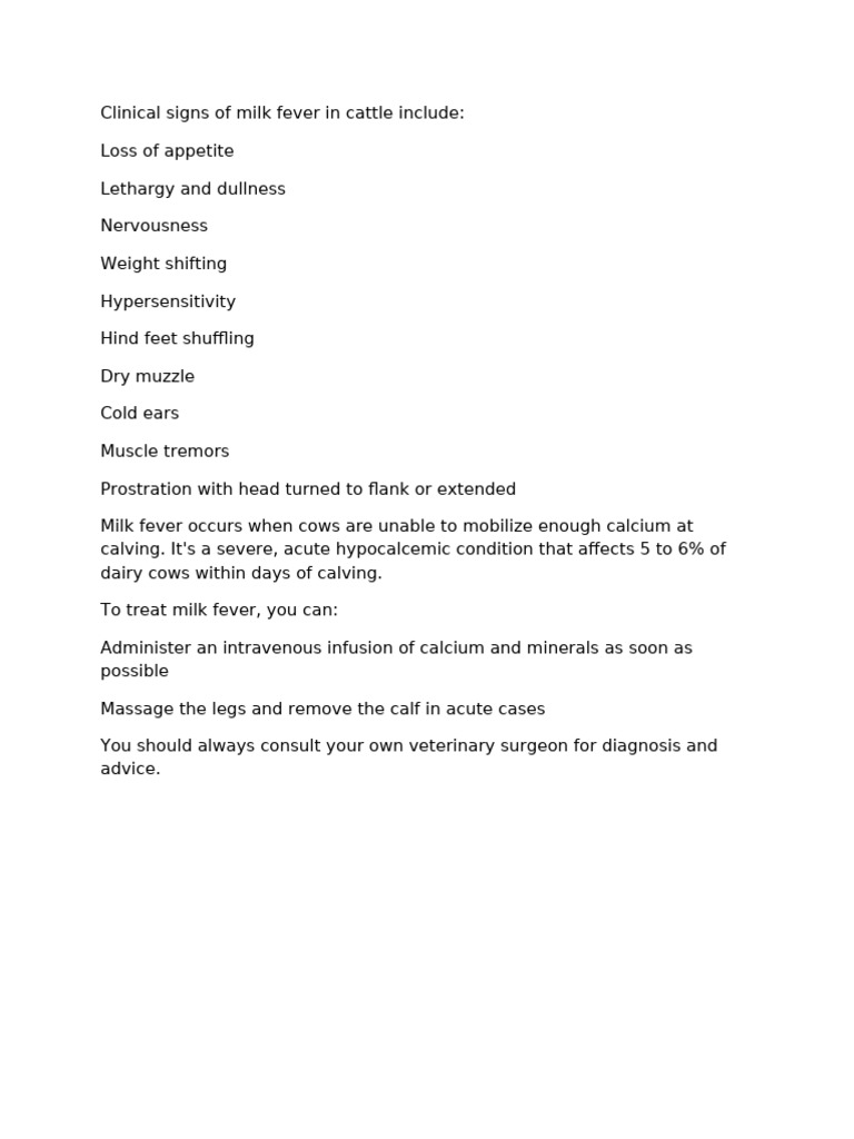 Milk Fever Symptoms and Treatment in Cattle | PDF
