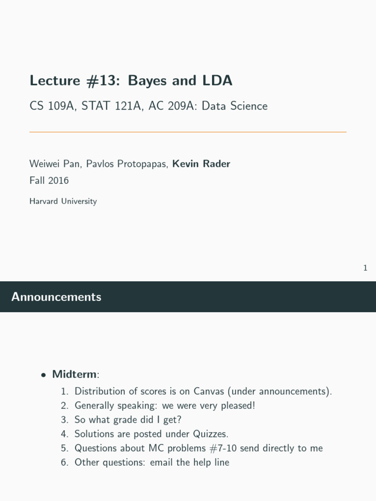 CS109a Lecture13 Bayes and LDA | PDF | Sensitivity And Specificity ...