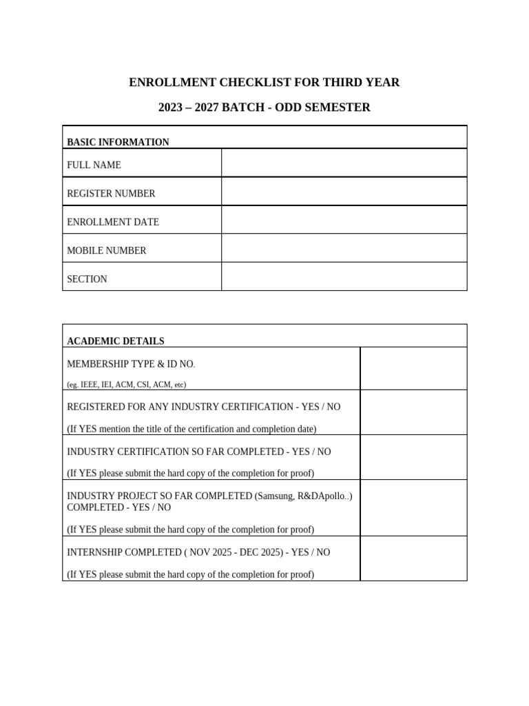 Enrollment Checklist For Third Year | PDF