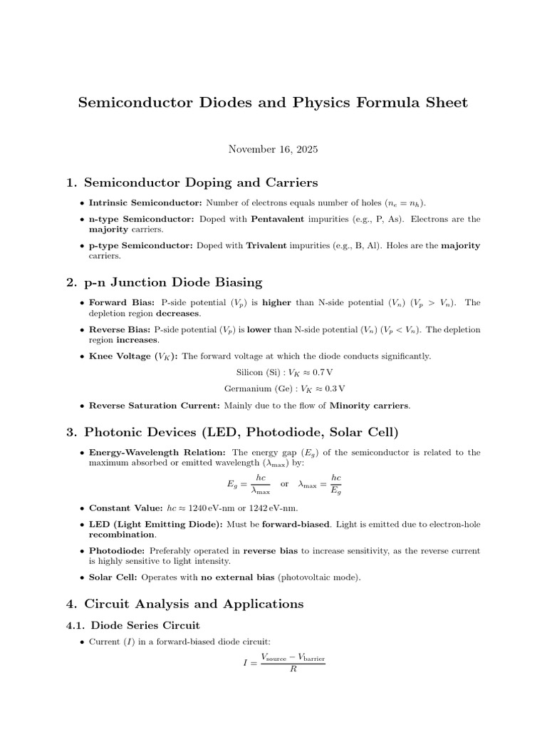 Test 36 - Formula Sheet | PDF | P–N Junction | Semiconductors