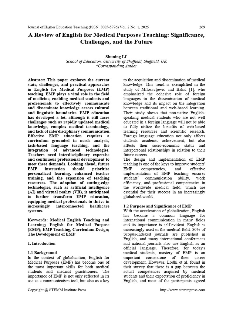 English for Medical Purposes: Challenges & Future | PDF | Teachers ...