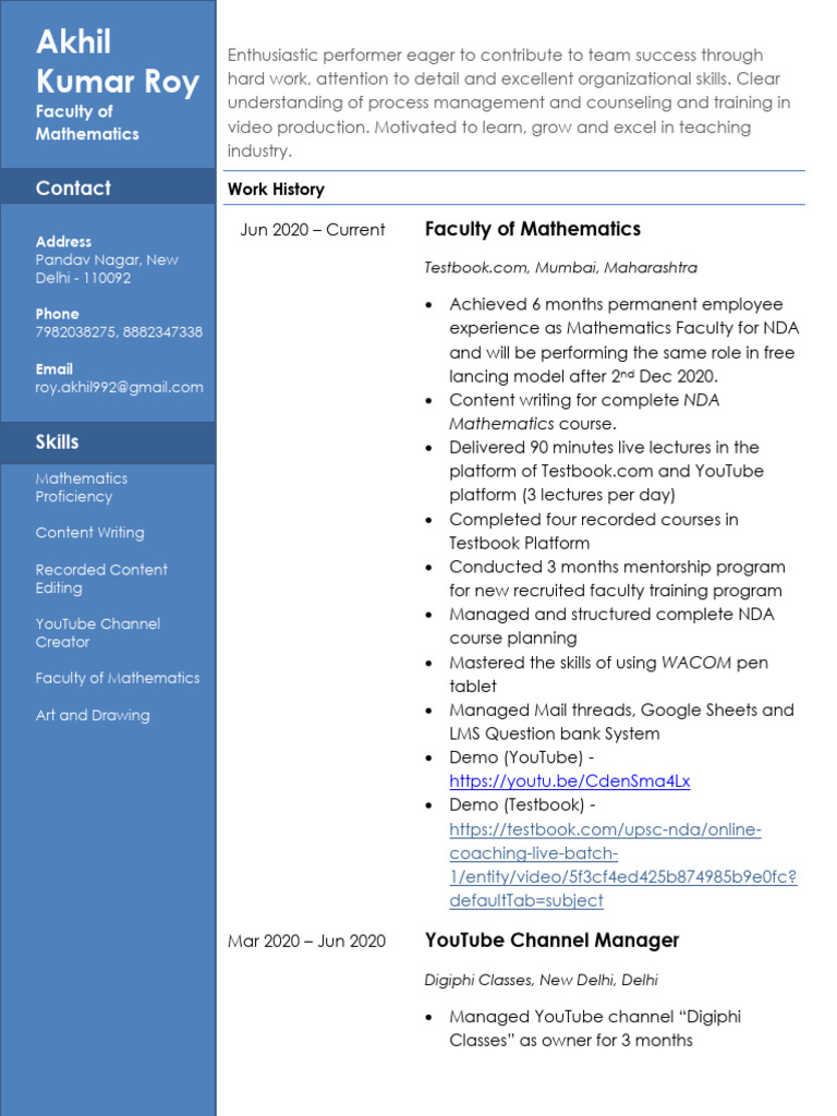 Akhil Roy - Resume (Faculty of Mathematics) | PDF