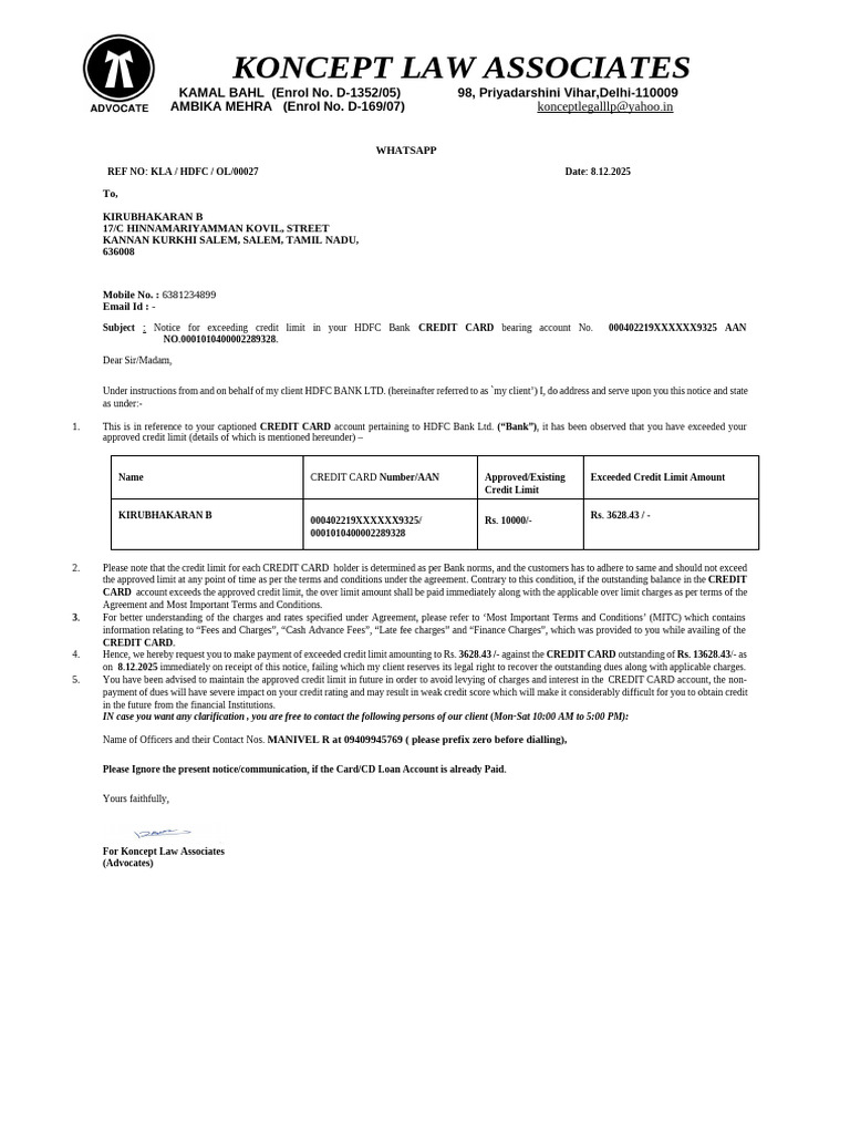 HDFC Credit Card Limit Exceeded Notice | PDF | Credit Card | Business