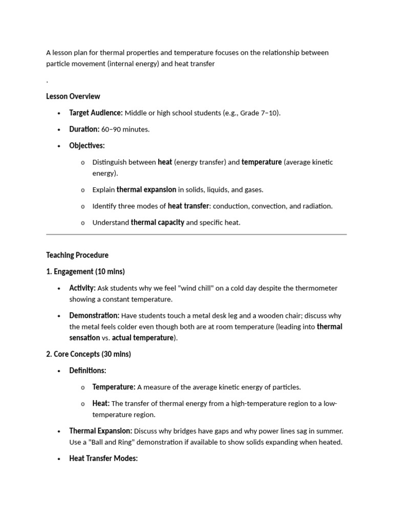 A Lesson Plan For Thermal Properties and Temperature Focuses On The ...