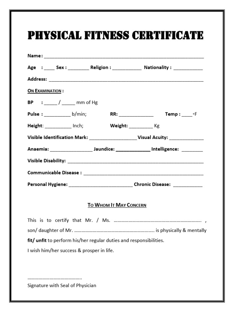 Physical Fitness Certificate Template | PDF