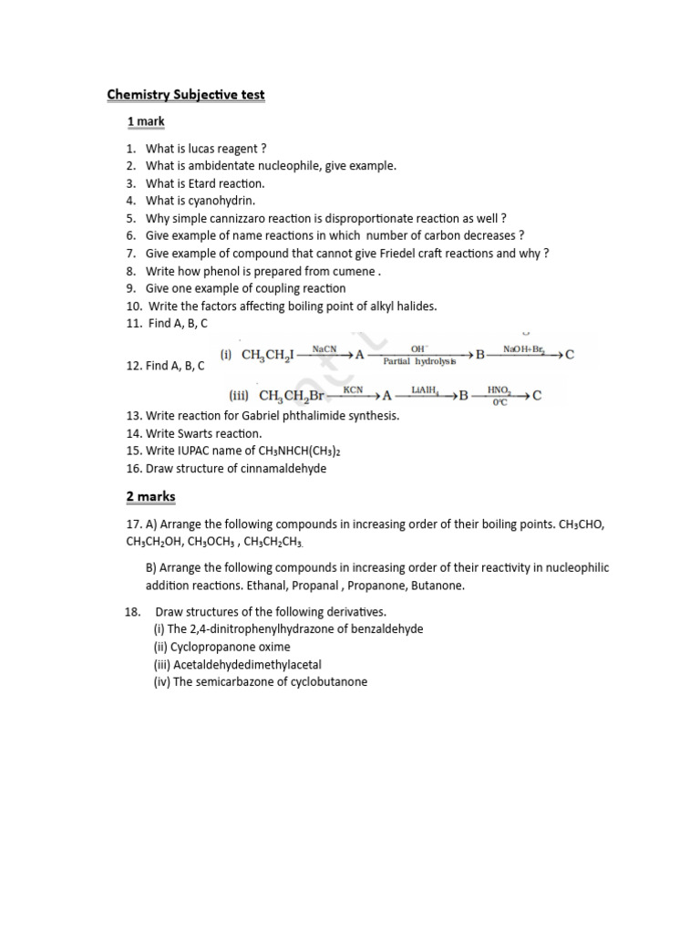 Chemistry Subjective Test Questions | PDF | Methyl Group | Ether