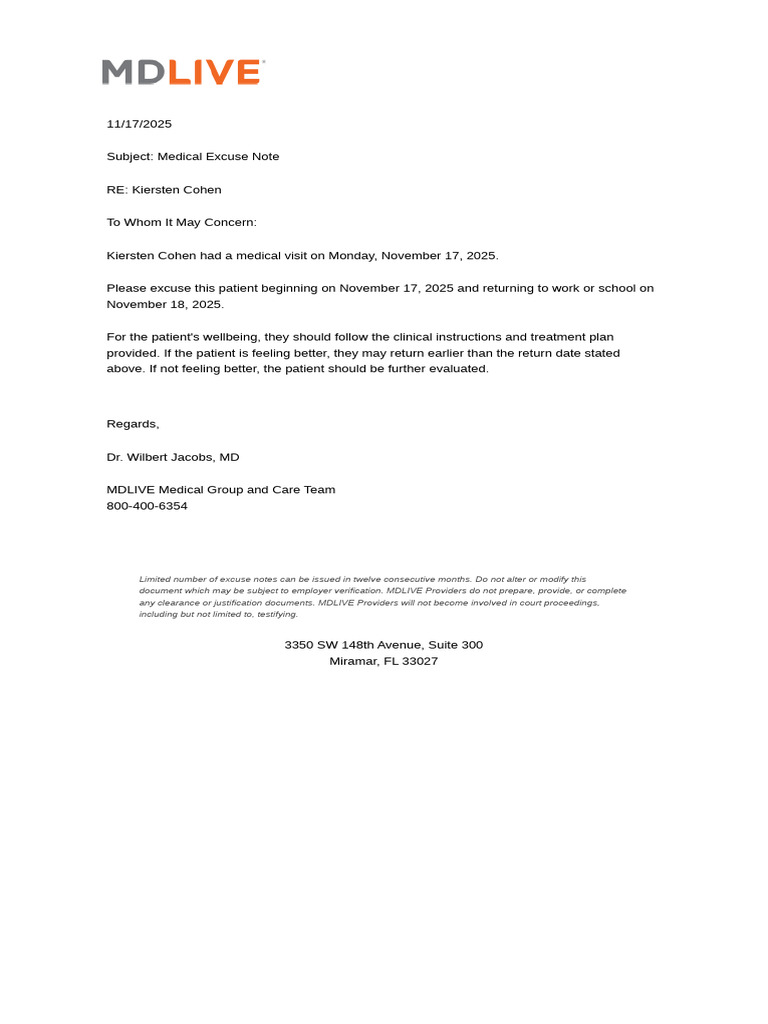 Medical Excuse Note for Kiersten Cohen | PDF