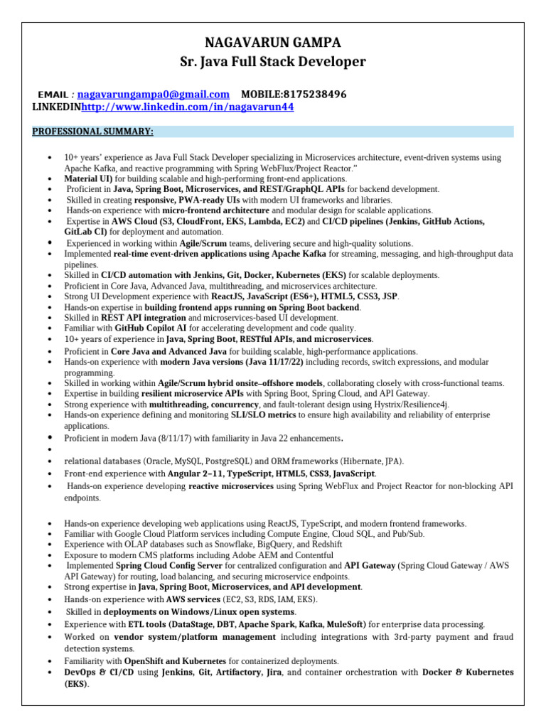 Java Full Stack Developer Resume | PDF | Spring Framework | Angular Js