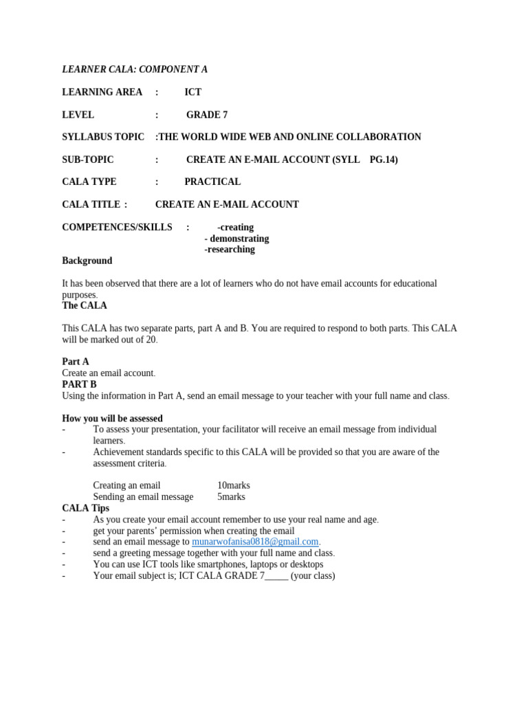 Create an Email Account: Grade 7 ICT | PDF