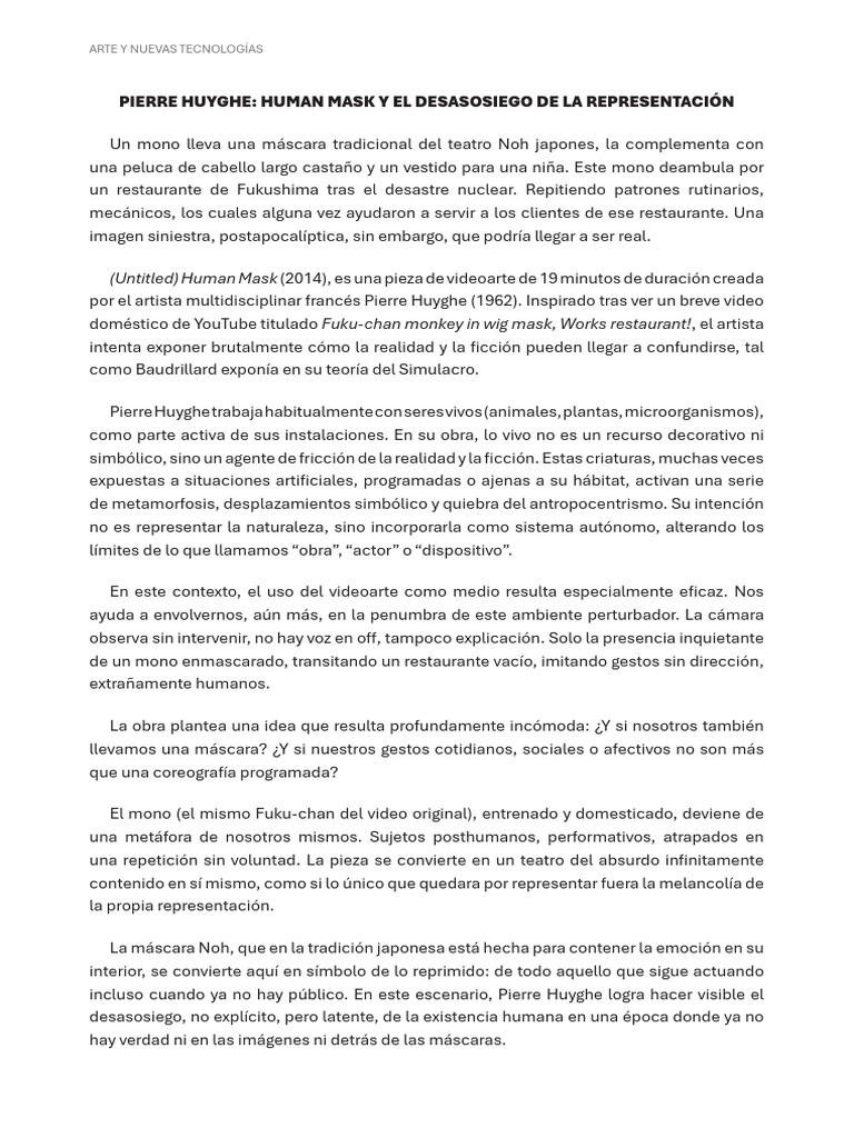 Comentario sobre la obra de Pierre Huyghe "Human Mask" | PDF