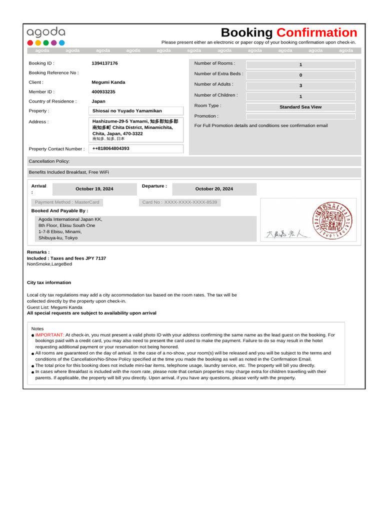 Confirmation for Booking ID # 1394137176 | PDF | Credit Card | Payments